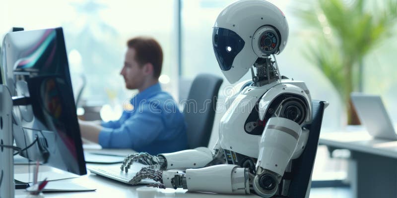 Futuristic Robot Working Alongside Humans in Office AIG41 Stock Photo ...