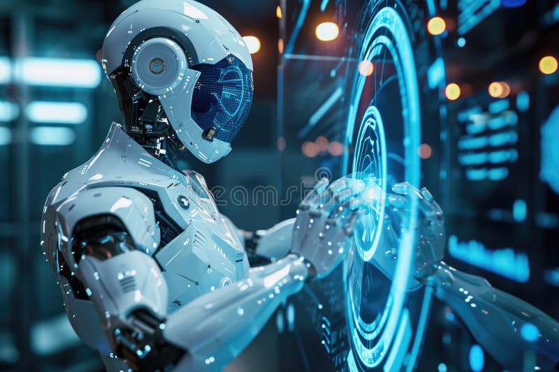 A Humanoid Robot with Advanced Technology Touches a Futuristic Object ...