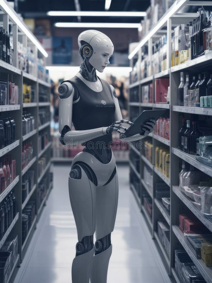 Humanoid Robot in an Aisle of a Store Stock Illustration - Illustration ...