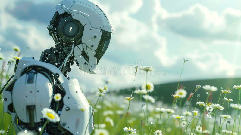 Humanoid Robot Amidst Wild Flowers. an Android Interacting with Nature ...