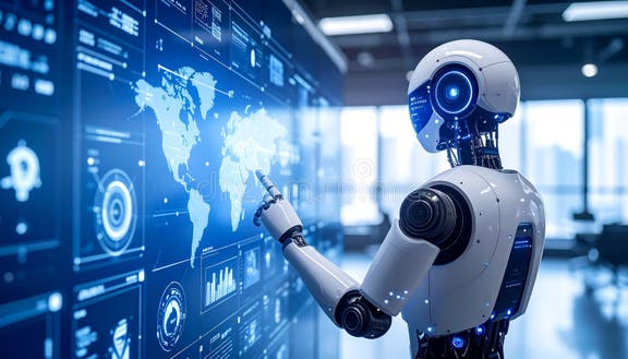 A Humanoid Robot Analyzes Global Data, Interacting with a Futuristic ...