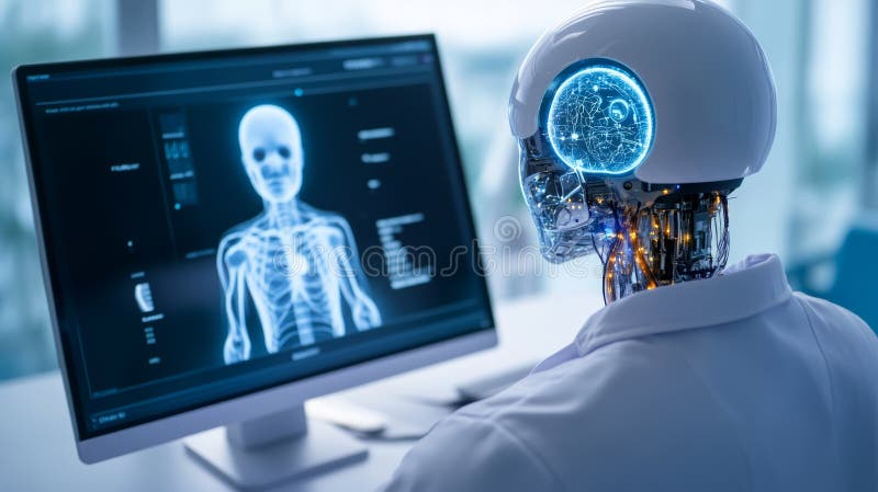 The Humanoid Robot Analyzes Human Anatomy Data on a Computer Screen in ...
