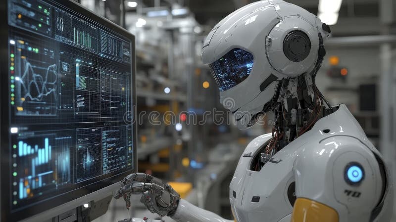 Humanoid Robot Analyzing Data on Digital Screen Stock Illustration ...