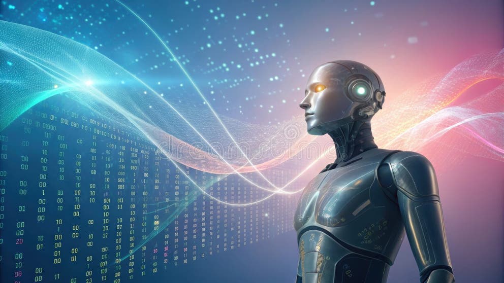 Humanoid Robot Analyzing Data Stream and Binary Code Stock Photo - Image of automation, cyborg ...