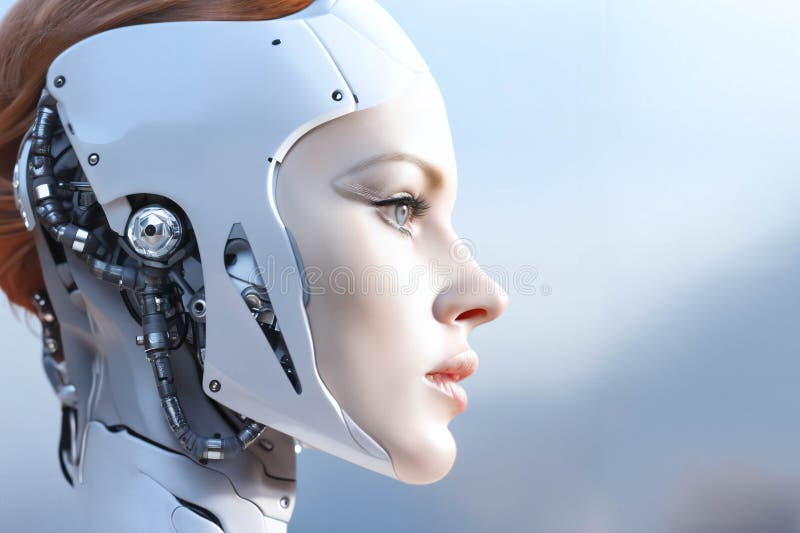 Humanoid Robot Android Hybrid with a Female Face, with a Plastic Helmet ...