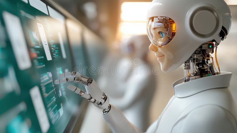 Humanoid Robot Appears Happy while Analyzing Data on Futuristic ...