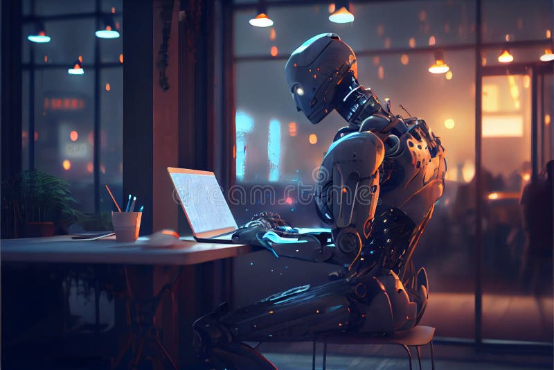 Humanoid Robot, Artificial Intelligence Working at His Computer ...