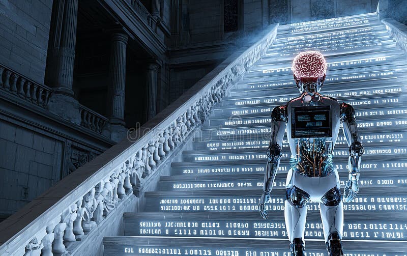 A Humanoid Robot Ascends Illuminated Steps Filled with Flowing Digital ...