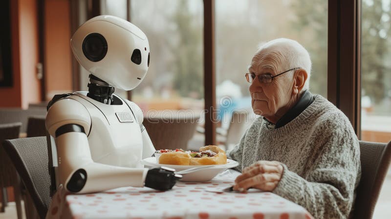 Humanoid Robot Assisting an Elderly Man in a Restaurant, Demonstrating ...