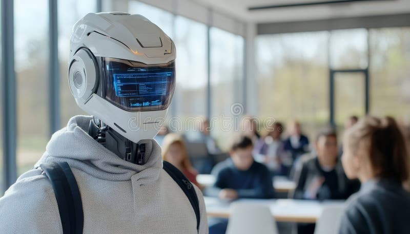 Humanoid Robot with Backpack Standing in a Busy Classroom Setting ...