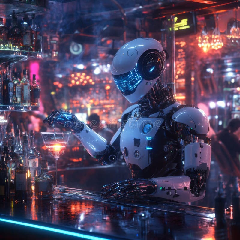 A Humanoid Robot Bartender Serving a Cocktail in a Futuristic Bar Stock ...