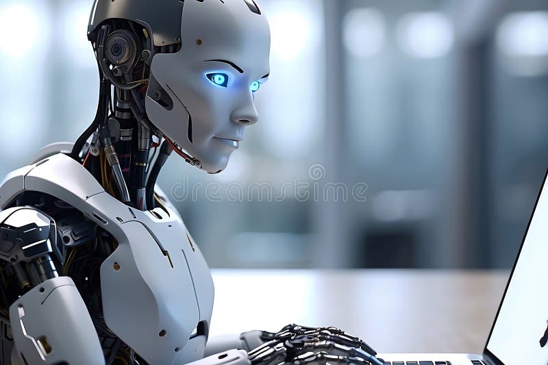 Humanoid Robot with Blue Eyes Using a Laptop Generative AI Stock ...
