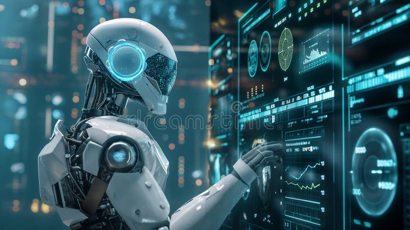 A Humanoid Robot with a Blue-lit Head Interface is Engaging with ...