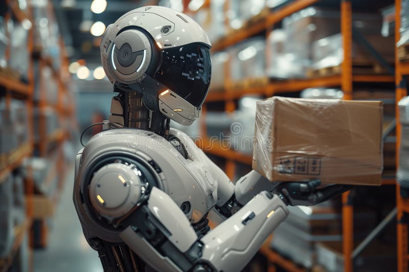 Humanoid Robot with Box in Hands in Warehouse Stock Illustration ...