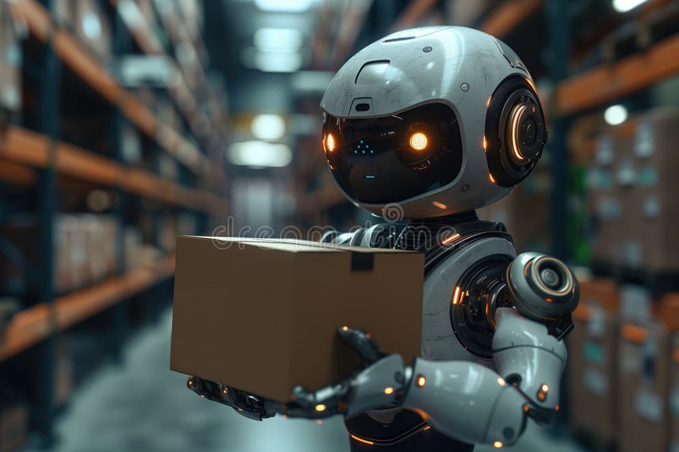 Humanoid Robot with Box in Hands in Warehouse Stock Illustration ...
