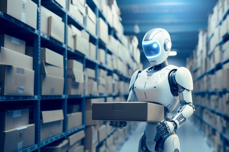 Humanoid Robot with Box in Hands Works on Automatic Warehouse with a ...