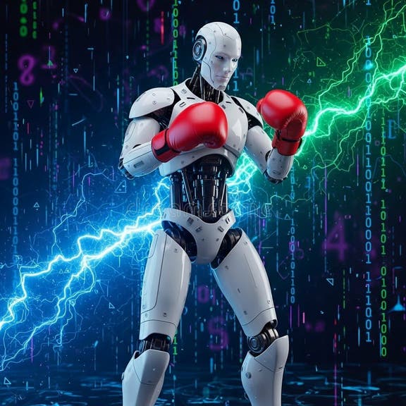 Humanoid Robot Boxer Amidst Digital Lightning and Binary Code Stock ...