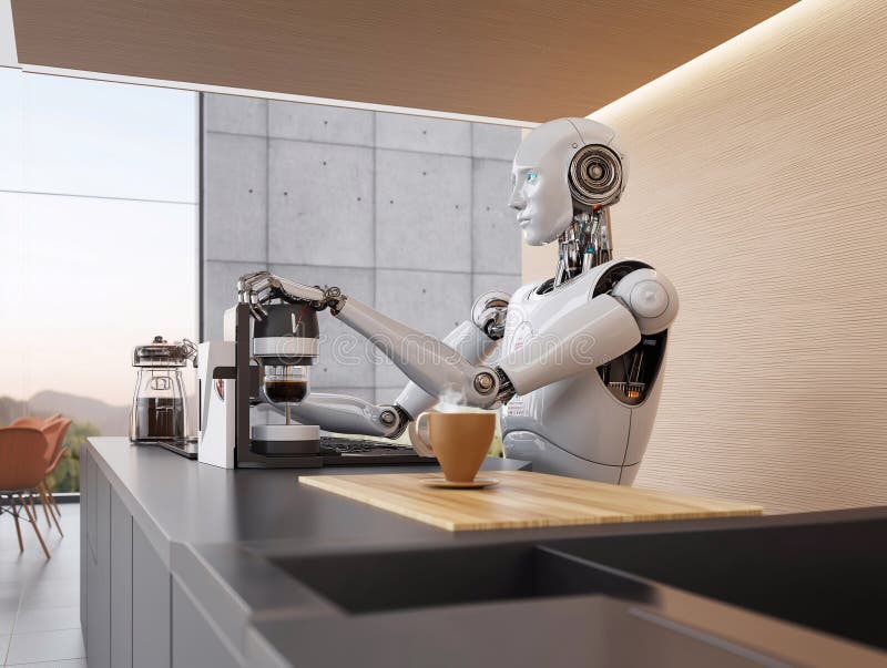 Humanoid Robot Brews Coffee in Stylish, Expensive Kitchen Stock ...