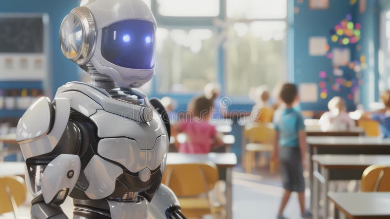 Humanoid Robot in a Bright Classroom Full of Children, Symbolizing the ...