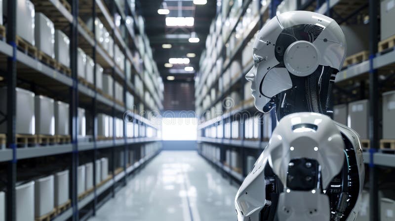 Humanoid Robot in a Brightly Lit Warehouse Environment. Concept of ...