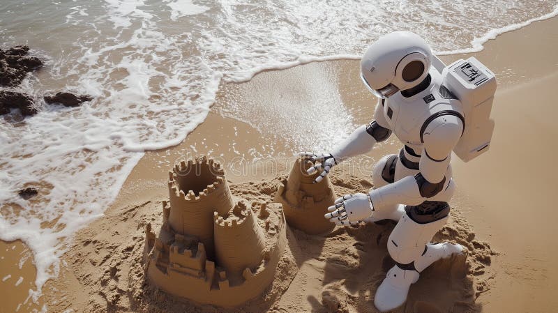 Humanoid Robot Building a Sandcastle on the Beach, AI Generated Stock ...