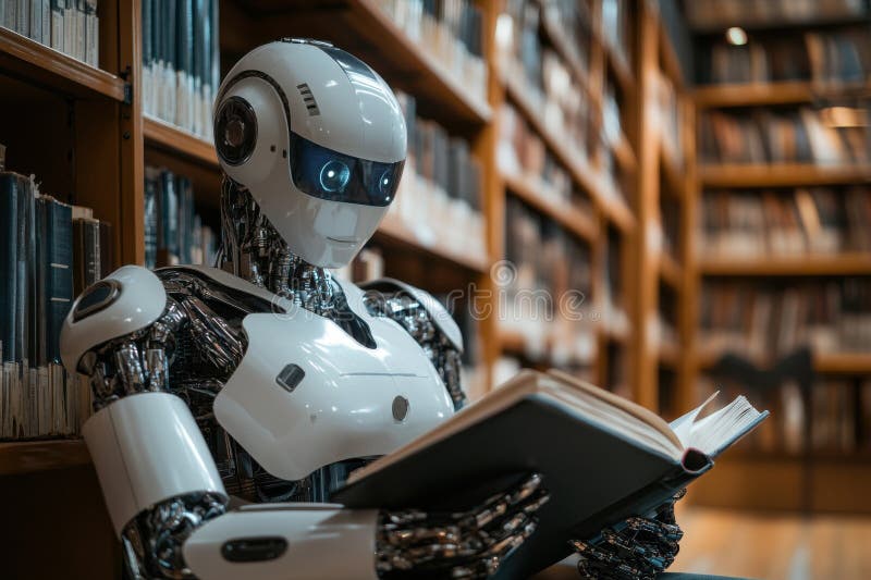 A Humanoid Robot Engrossed in Reading a Book in a Modern Library ...