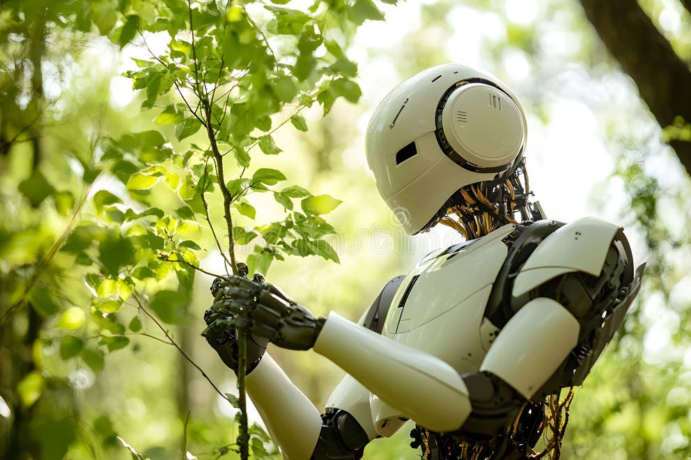 A Humanoid Robot is Carefully Holding a Young Sapling, Surrounded by Lush Greenery in Forest ...