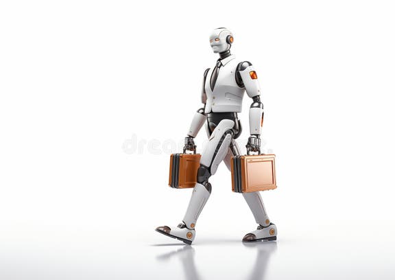 Humanoid Robot Carrying Briefcases Walking on a White Background Stock ...
