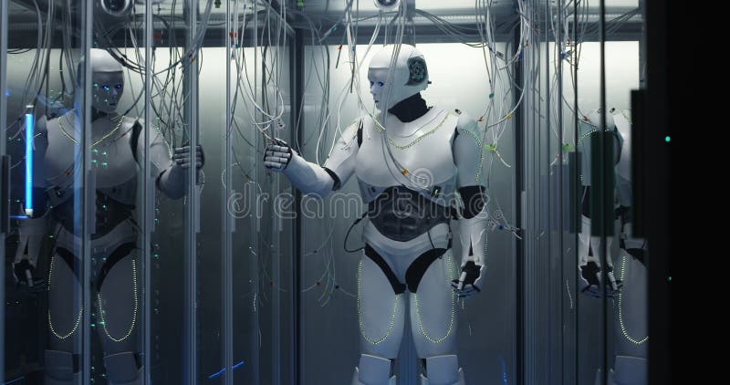 Humanoid Robot Checking Servers in a Data Center Stock Illustration ...