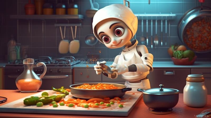 3d Rendering of a Cute Humanoid Robot Chef Cooking in the Kitchen at ...