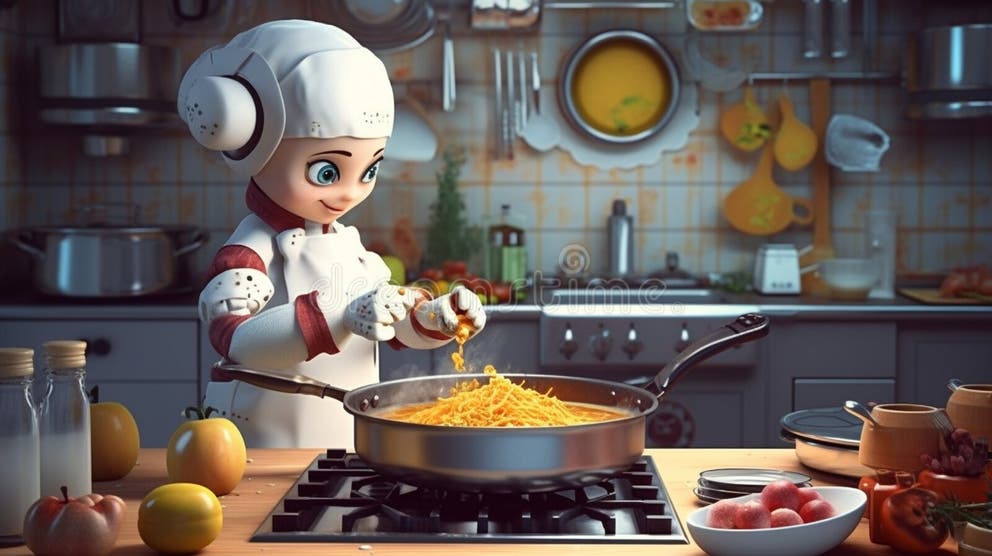 3d Rendering of a Cute Little Girl Humanoid Robot Chef Cooking Pasta in ...