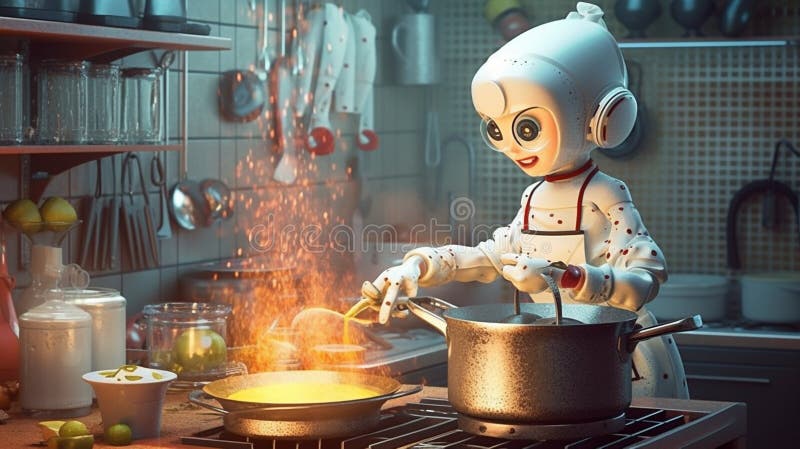 3d Rendering of a Cute Humanoid Robot Chef Cooking Soup in a Kitchen at ...