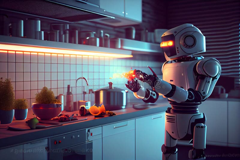 Humanoid Robot Chef Prepares Meals in the Kitchen. Replacing Human ...