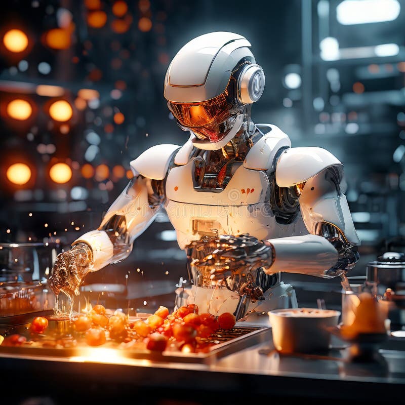 Humanoid Robot Chef Preparing a Dish in a Futuristic Kitchen Stock ...