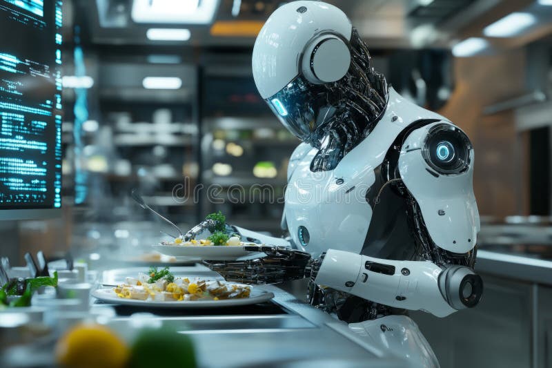 Humanoid Robot Chef Preparing a Meal in a Restaurant Kitchen of the ...