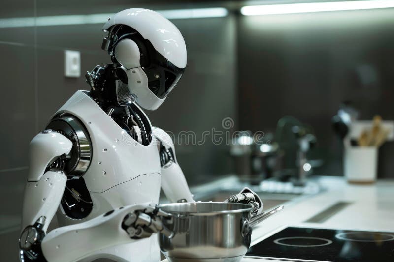 Humanoid Robot Chef Skillfully Preparing a Meal in a High-tech Kitchen ...