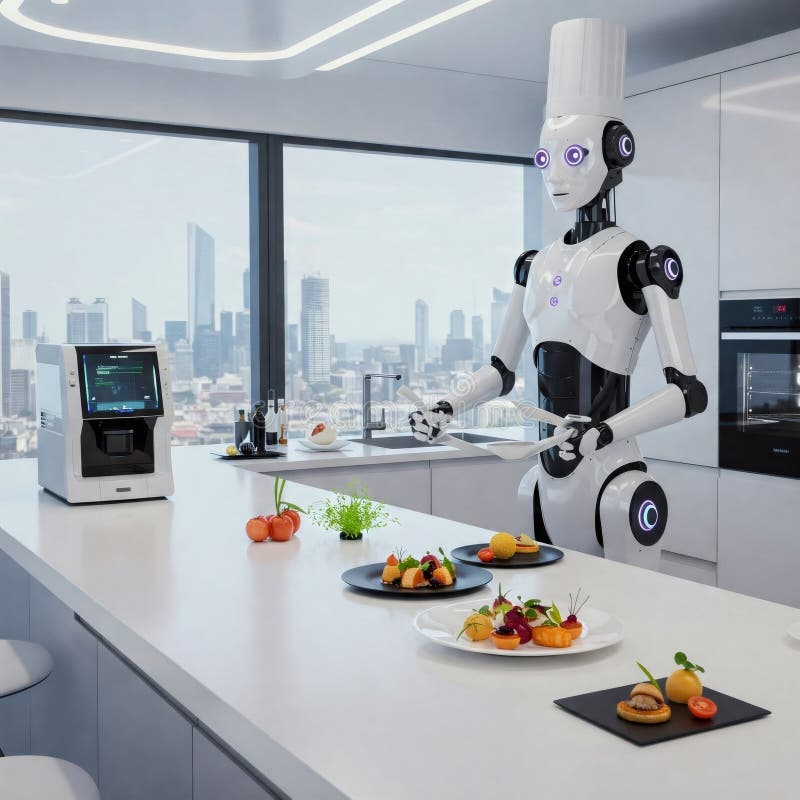 Robot Chef Preparing Gourmet Meal in Modern Kitchen Stock Illustration ...