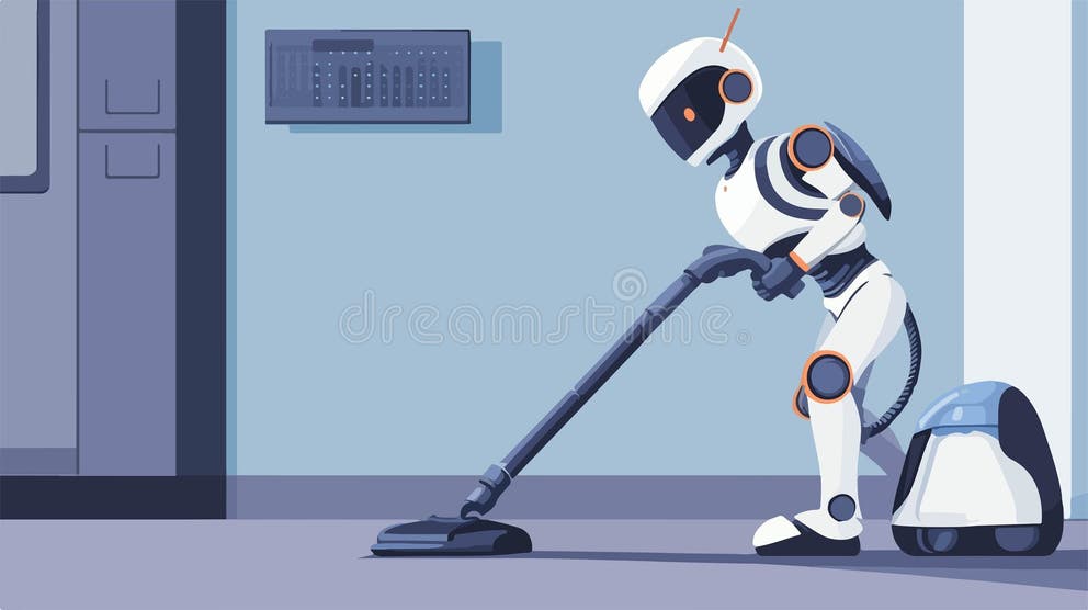 Humanoid Robot Cleaning Floor with Vacuum Cleaner Technology in Modern ...