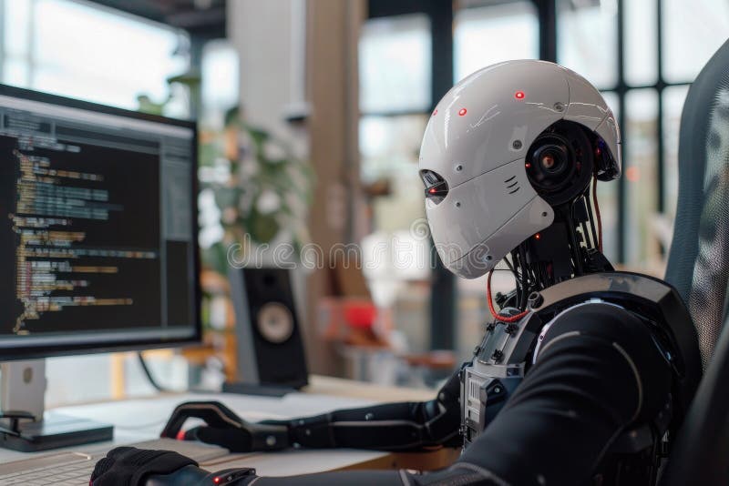 Humanoid Robot Coding at a Computer in a Modern Workspace Stock ...