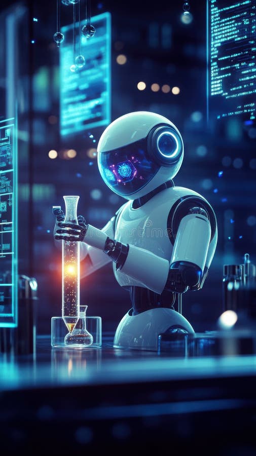 Humanoid Robot Conducts Experiments Advanced Laboratory Glowing Liquid ...