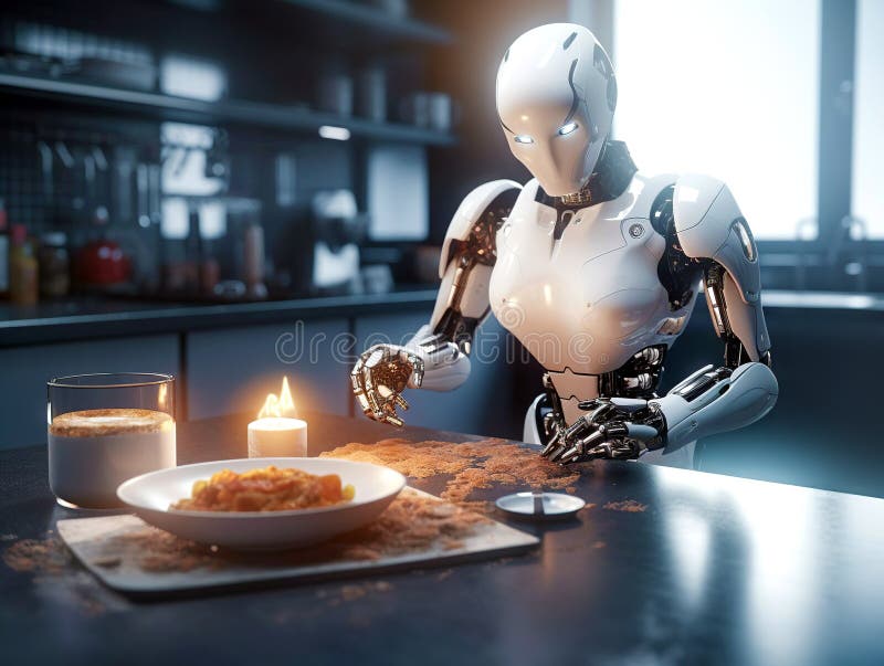 Humanoid Robot Cooking Dishes in Home or Restaurant Kitchen. Replacing ...