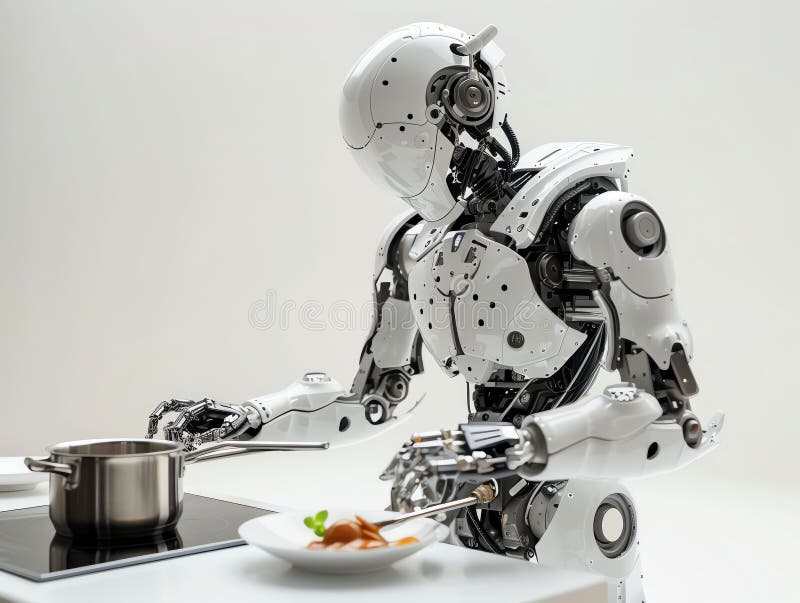 A Humanoid Robot Cooking, Intricate Mechanics, Modern Kitchenware ...