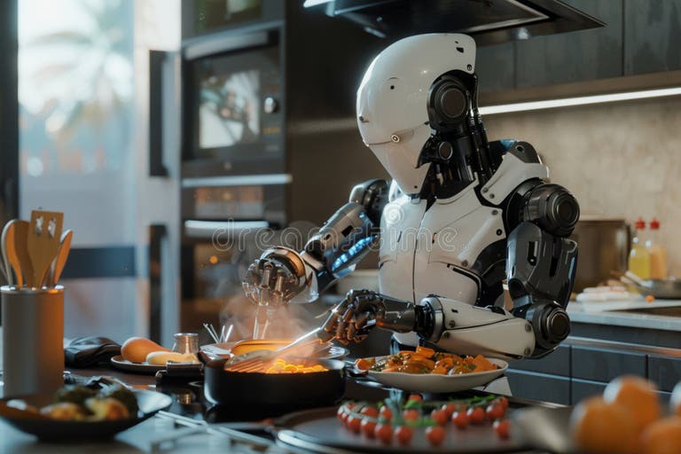 A Humanoid Robot is Cooking in the Kitchen. Smart Home Technology ...