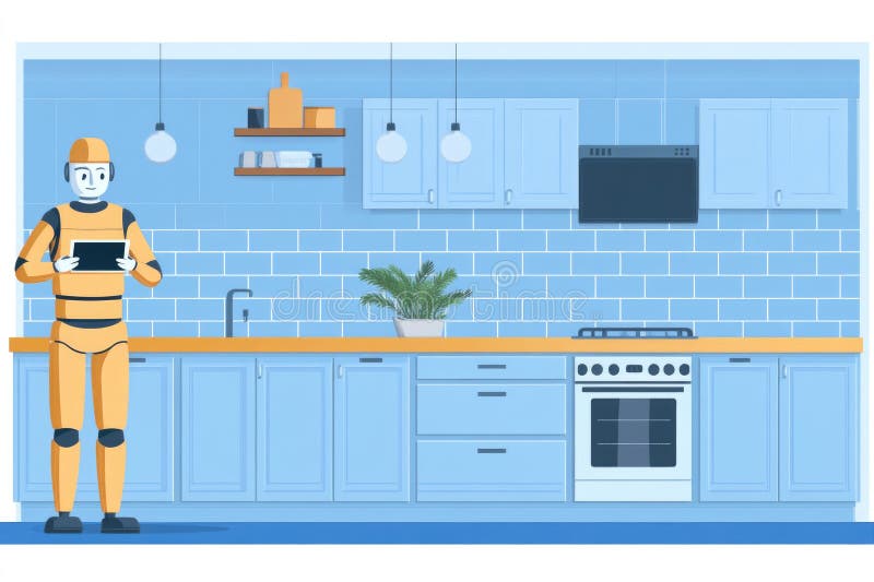 Humanoid Robot Cooking in Modern Kitchen with Sleek Design and Smart ...