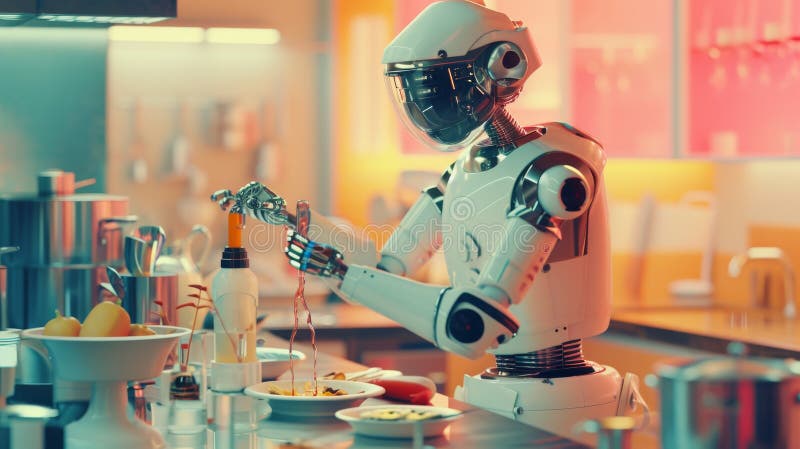 Humanoid Robot Cooking Pasta in a Futuristic Kitchen Stock Photo ...