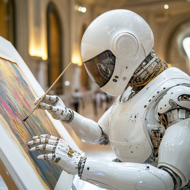 A Humanoid Robot is Creating Artwork on Canvas Using a Paintbrush in an ...