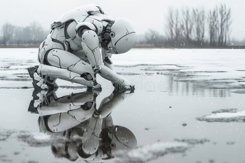 Humanoid Robot Crouched and Reflecting on Ice, AI Generated Stock ...
