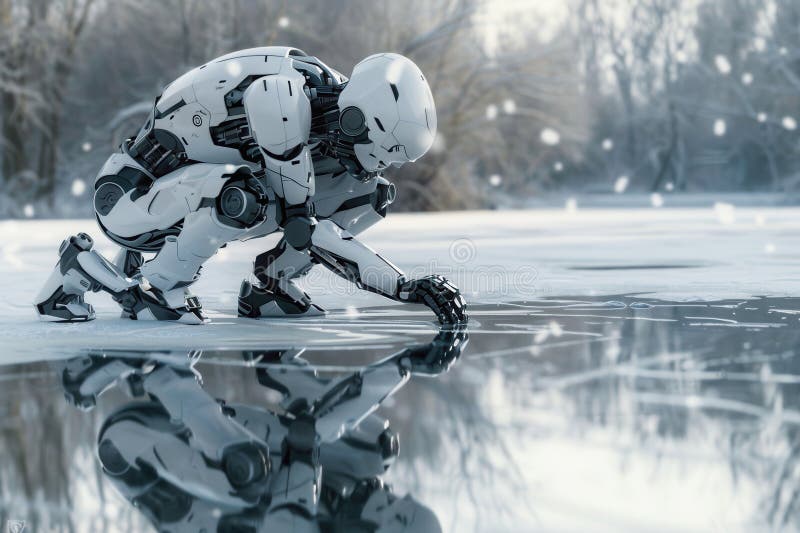 Humanoid Robot Crouched and Reflecting on Ice, AI Generated Stock ...