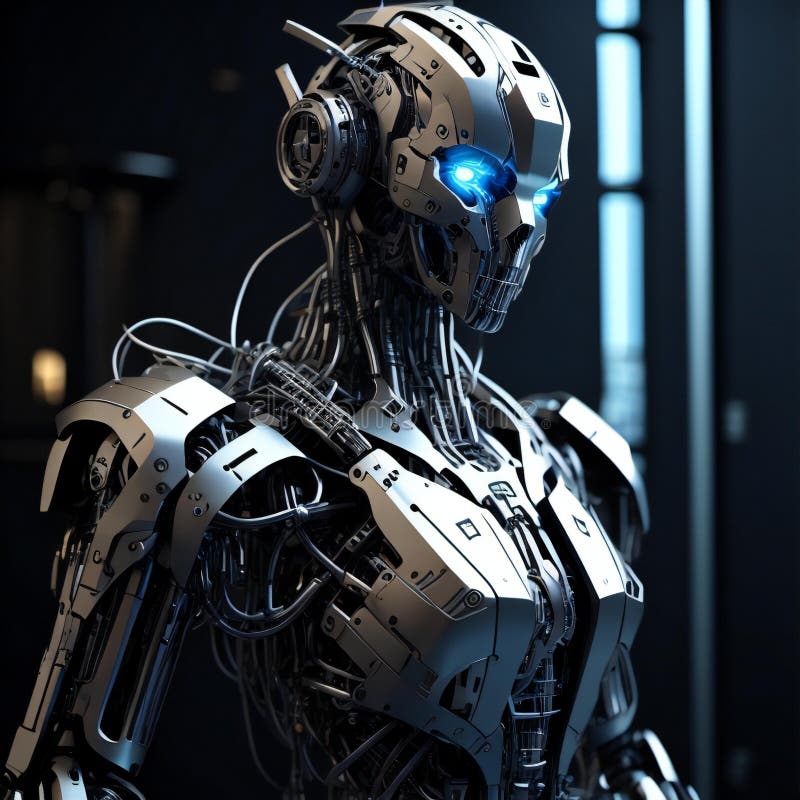 Humanoid Robot in Dark Room with Blue Lights on Background. Generative ...