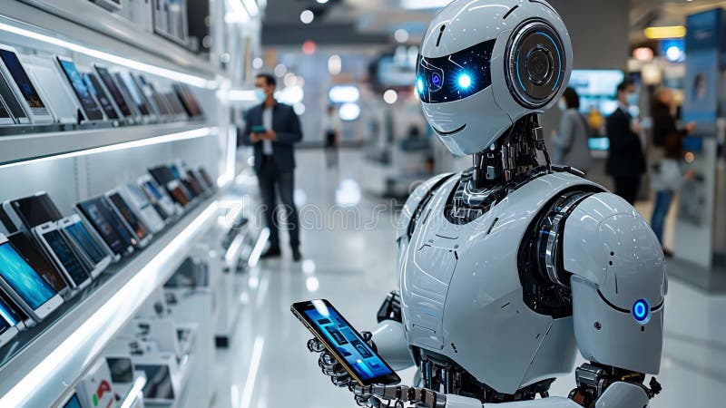 A Futuristic Robot Engaged in Shopping for Smartphones Inside a Tech ...